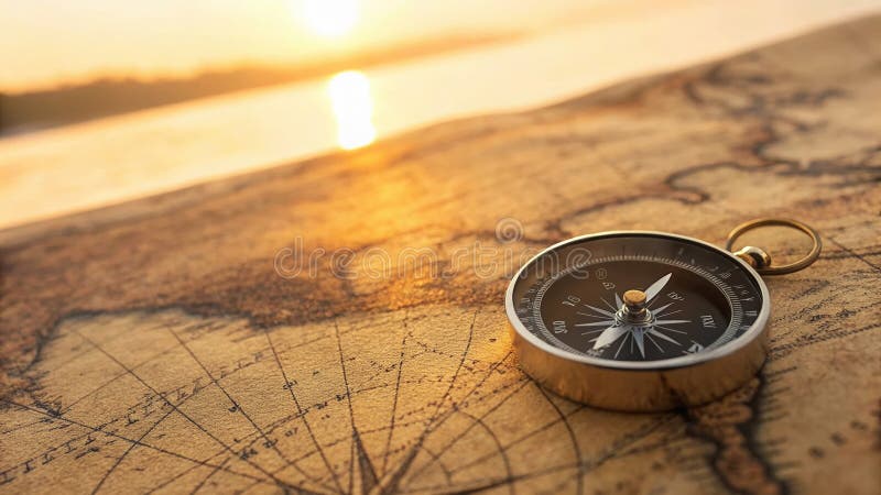 Compass Resting on Old Map, Guiding Towards Golden Horizon Stock ...
