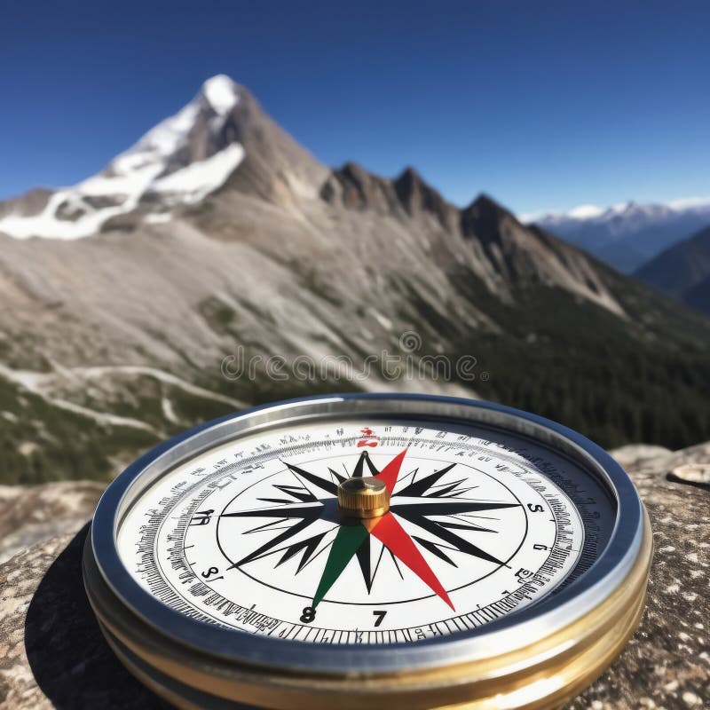 Compass in Focus with Majestic Mountain Backdrop Stock Image - Image of ...