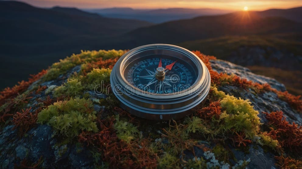 Sunset Compass on Mossy Rock: Guiding Your Journey Stock Illustration ...