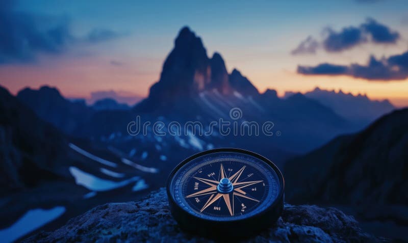 Compass on Rocky Surface, Mountains in Background, Twilight Sky Stock ...