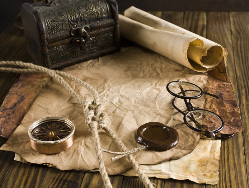Compass, Rope and Glasses on Old Paper Stock Image - Image of page ...