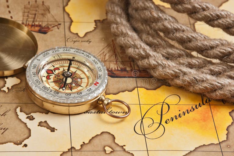Compass and rope on map stock image. Image of cartography - 174321809