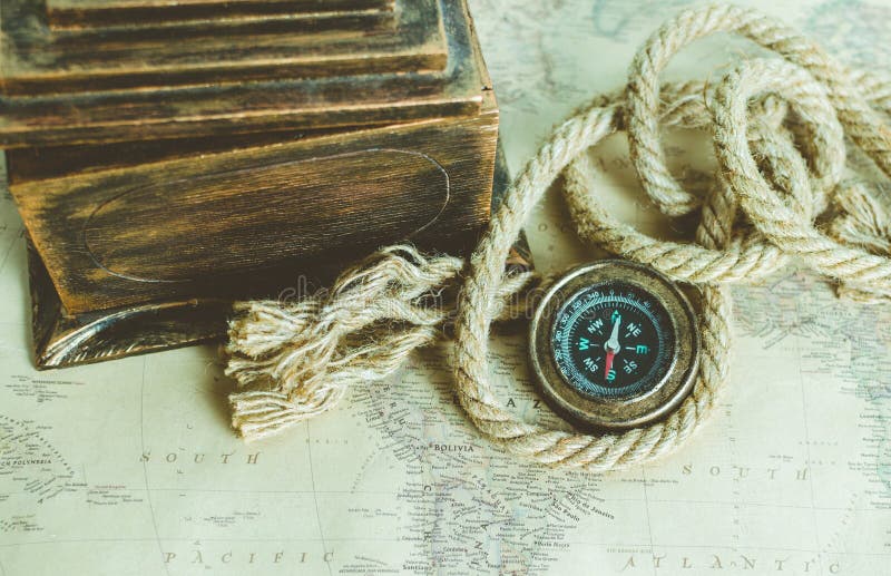 Compass, Rope and Old Box on the Map Stock Image - Image of vintage ...