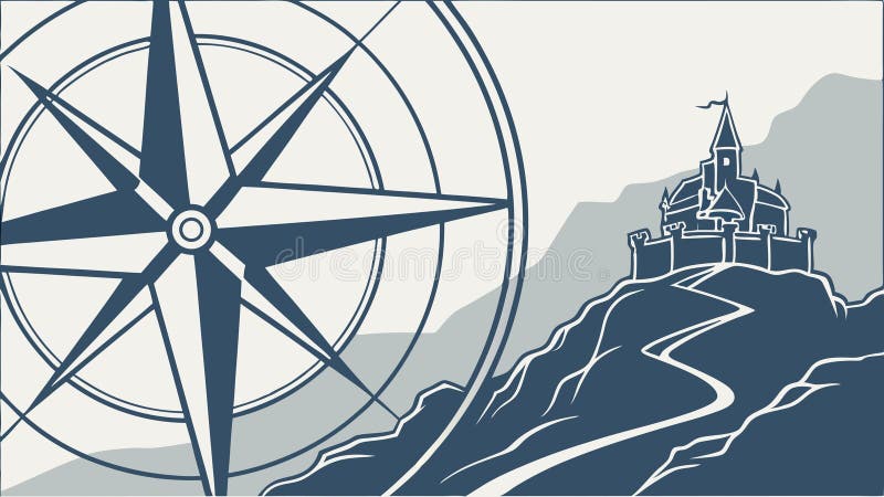 Compass Rose Guiding Towards a Mysterious Hillside Castle, Vector ...