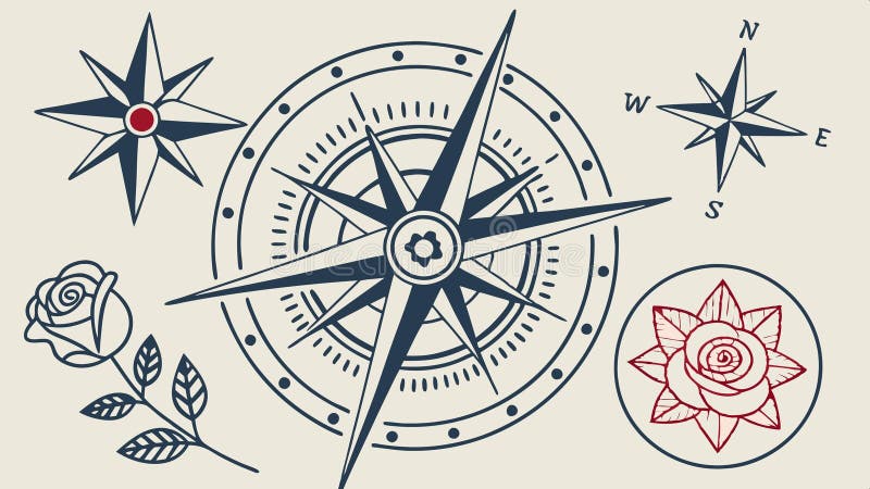 Compass and Rose Illustration, Navigation Tool and Floral Element ...