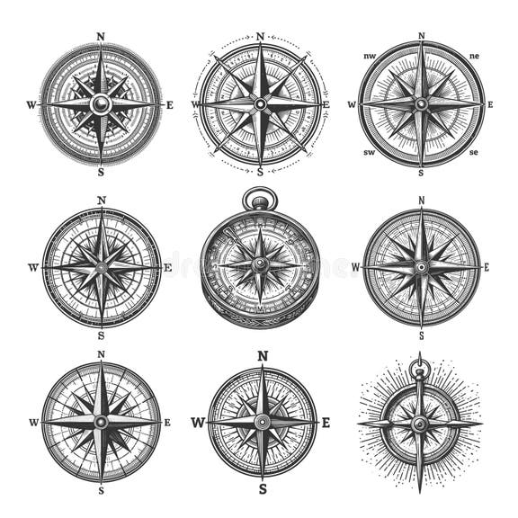 Compass Rose and Navigation Engraving Set Vector Stock Illustration ...