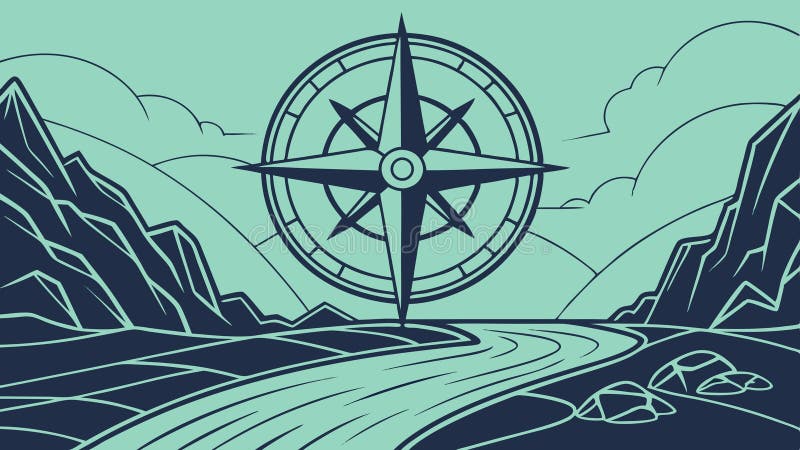 Compass Rose on a Path through a Lush Mountain Landscape, Vector Design ...