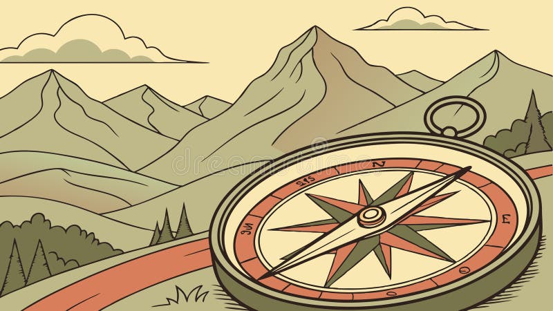 Compass on Rugged Mountain Path in Serene Landscape, Vector Design ...