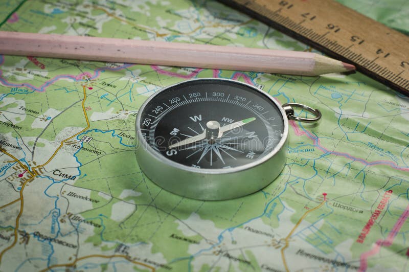 Compass, Ruler and Pencil on a Road Map Stock Photo - Image of paper ...