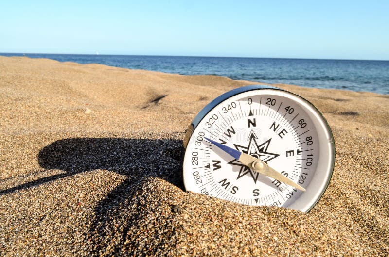 Compass on the Sand Beach stock photo. Image of concept - 166817426