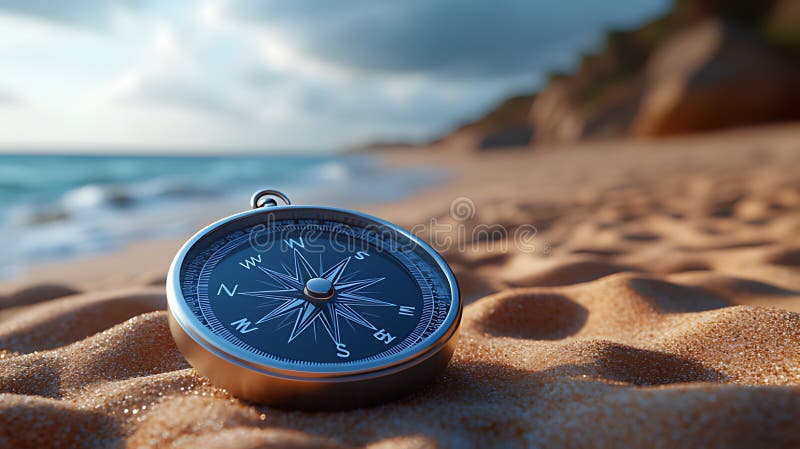 Compass on Sandy Beach Near Ocean, Showing Direction Stock Illustration ...