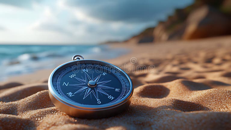 Compass on Sandy Beach Near Ocean, Showing Direction Stock Illustration ...