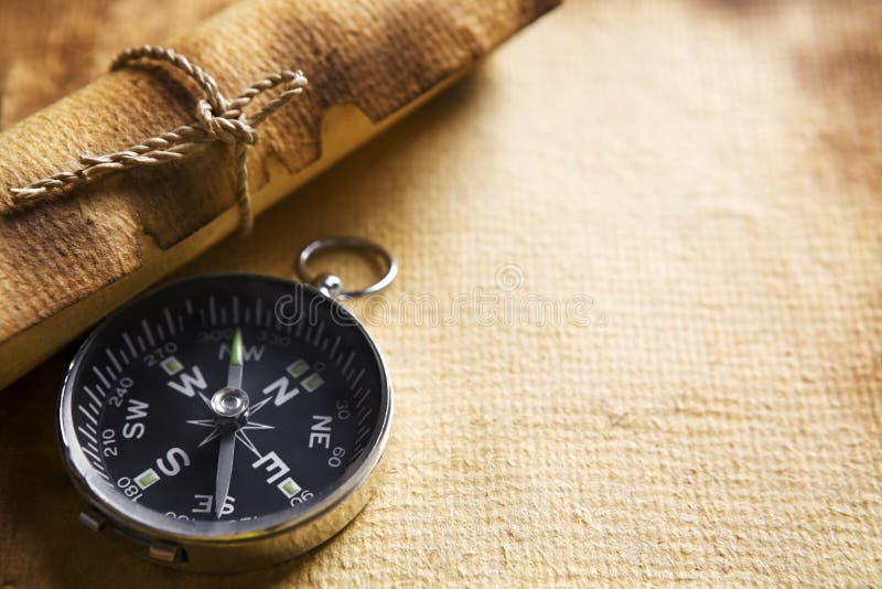 Compass on Old Paper, with Scroll and Quill Pen Stock Image - Image of ...