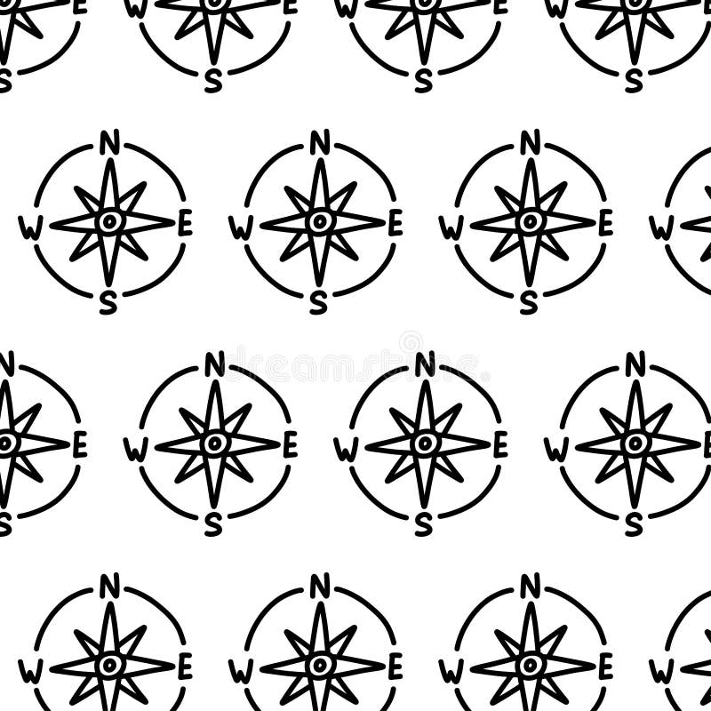 Compass Seamless Doodle Pattern, Vector Line Illustration Stock ...
