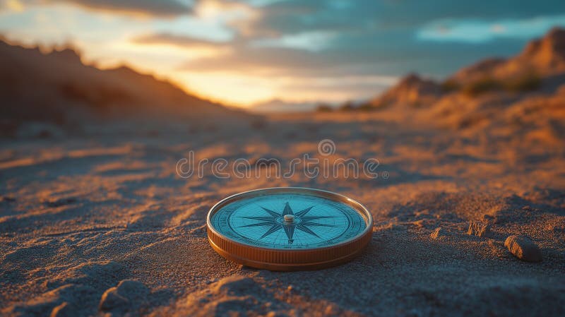 Compass Lying on the Sand with a Desert Landscape and Sunset in the ...