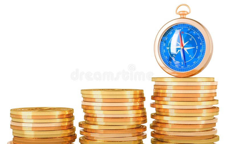Compass with Stacks of Growing Gold Coins. 3D Rendering Stock ...
