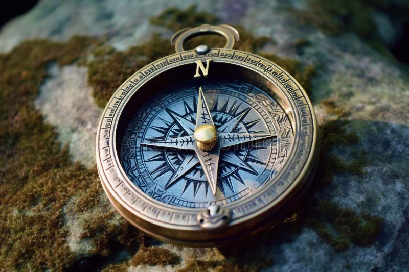 A Compass on a Stone with Moss. Stock Illustration - Illustration of ...