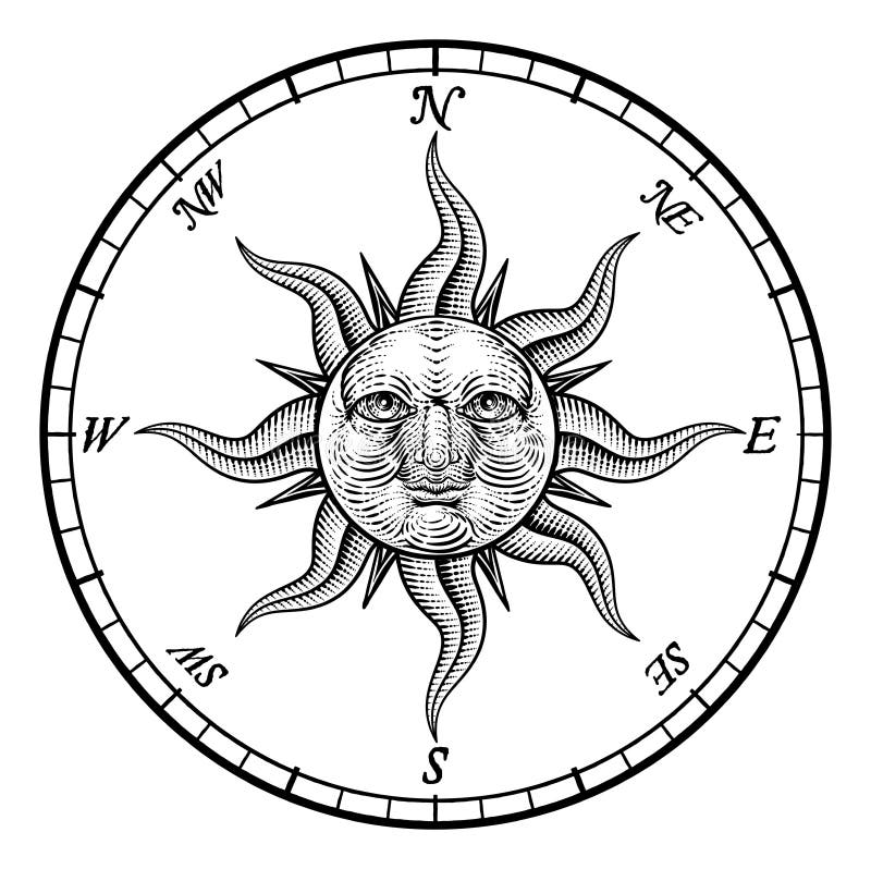 Compass Sun Face Etching Rose Woodcut Drawing Stock Vector ...