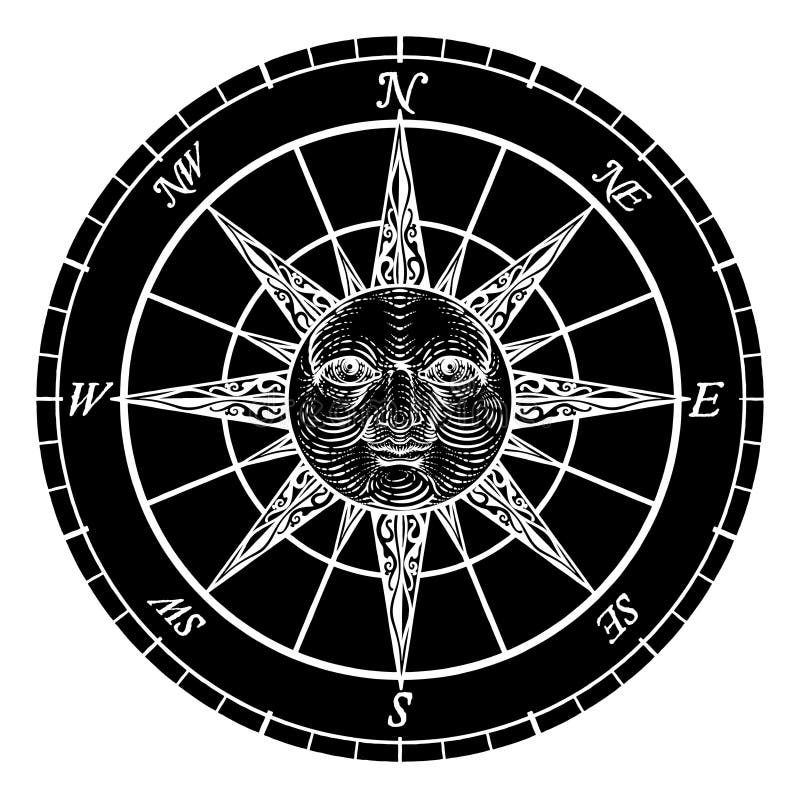 Compass Sun Face Etching Rose Woodcut Drawing Stock Vector ...