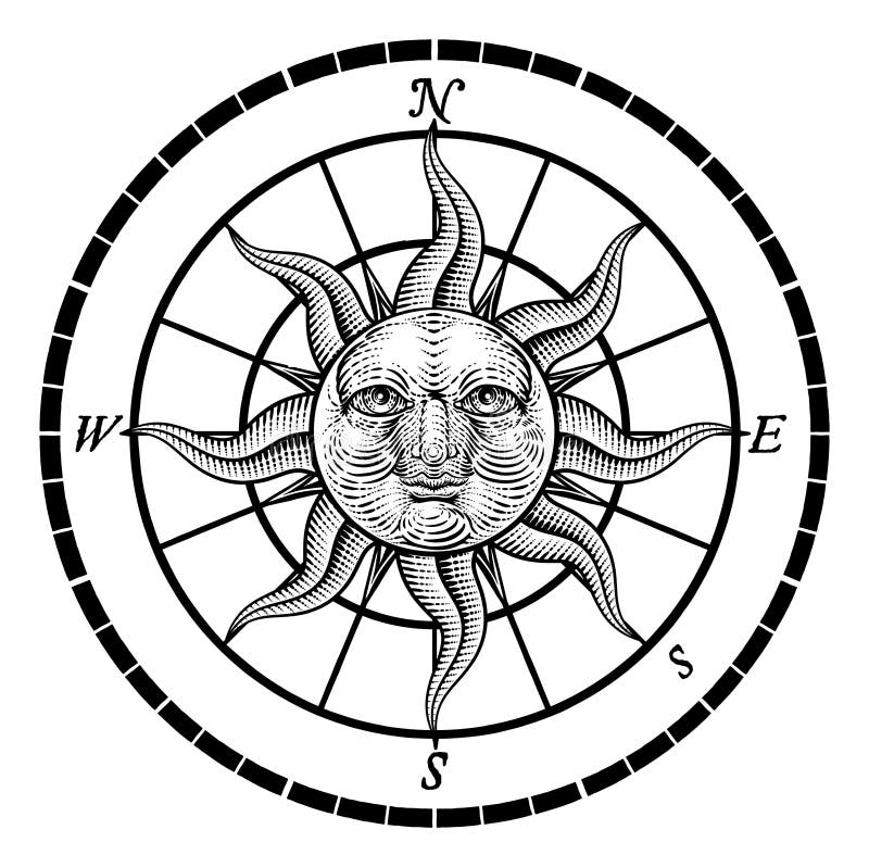 Compass Sun Face Etching Rose Woodcut Drawing Stock Vector ...