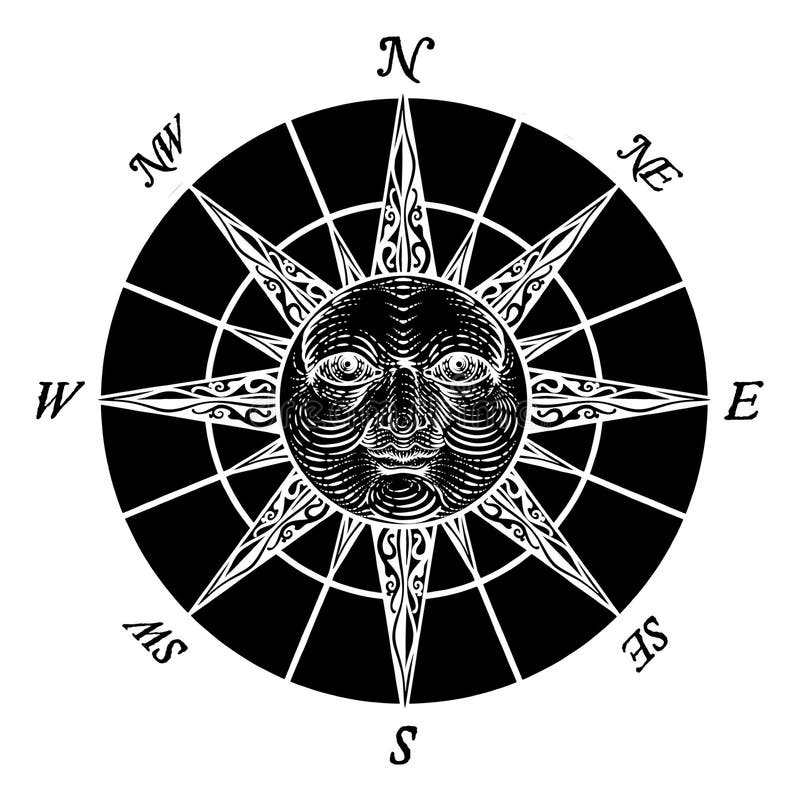 Compass Sun Face Etching Rose Woodcut Drawing Stock Vector ...