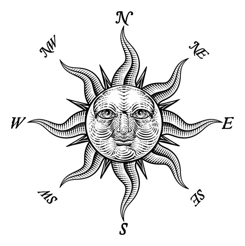 Compass Sun Face Etching Rose Woodcut Drawing Stock Vector ...