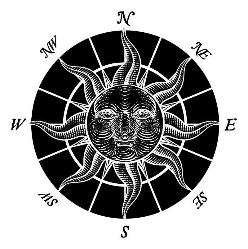 Compass Sun Face Etching Rose Woodcut Drawing Stock Vector ...