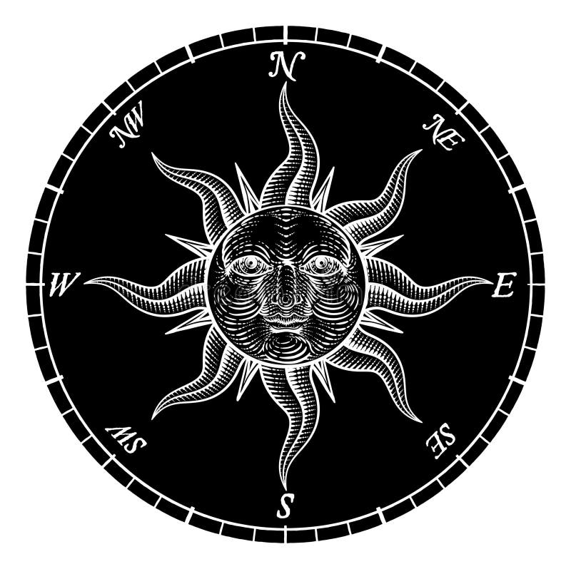 Compass Sun Face Etching Rose Woodcut Drawing Stock Vector ...