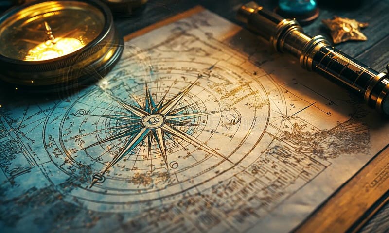 A Compass is on Top of a Map with a Pen and a Light Source. the Compass ...