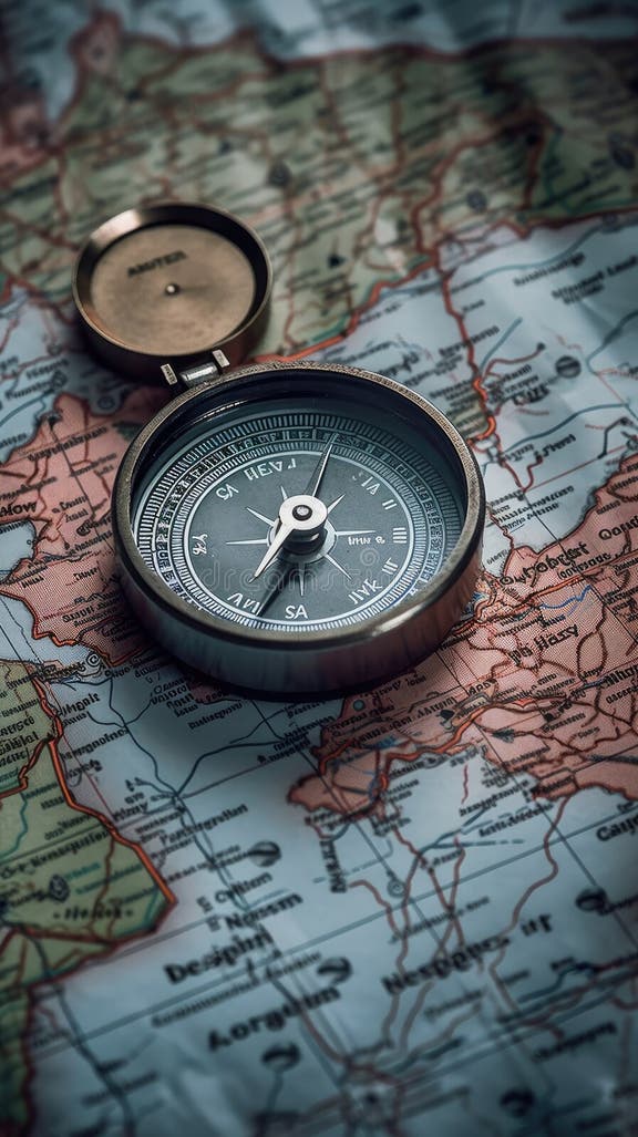 Compass on top of a map stock illustration. Illustration of longitude ...