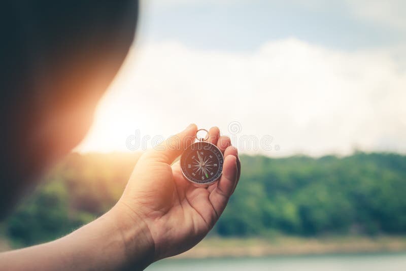 Compass of Tourists on Mountain at Sunset Sky Stock Image - Image of ...