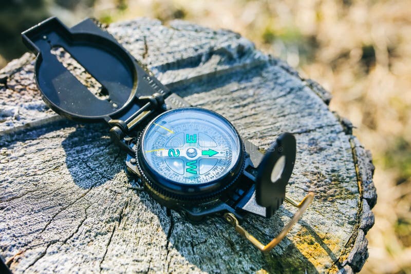 Compass on the Tree Stump. Tourist Things Outdoors Stock Image - Image ...