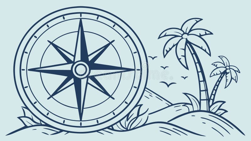 Compass on a Tropical Island with Palm Trees and Ocean. Vector Design ...