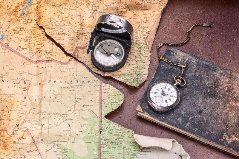 Compass Vintage Map Torn with Pocket Watch on Ancient Diary Stock Photo ...
