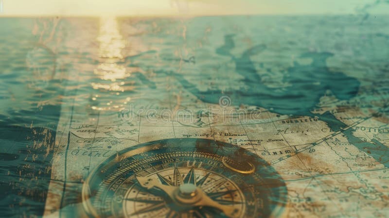 Compass and Vintage Map Under Water with Sun Rays a Vintage Compass ...