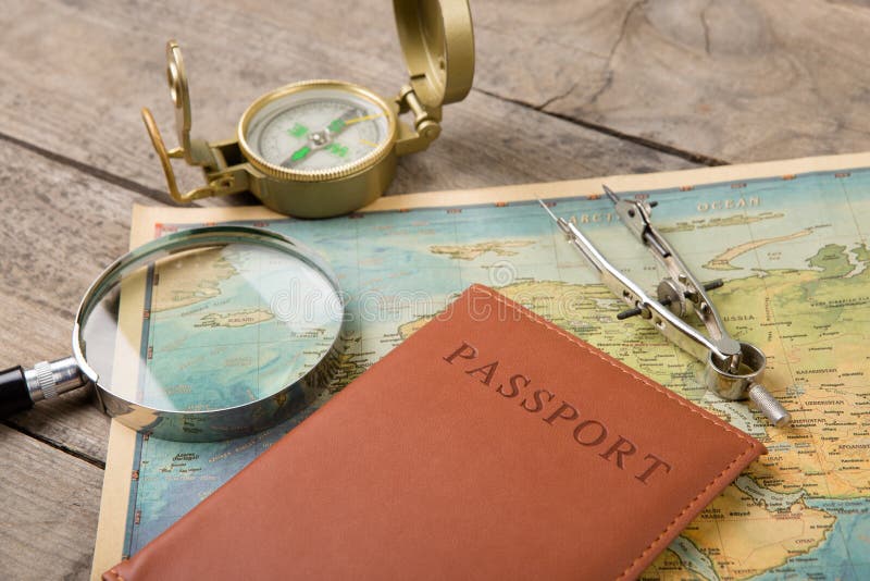 Compass and Vintage Map on the Wooden Desk Stock Photo - Image of ...