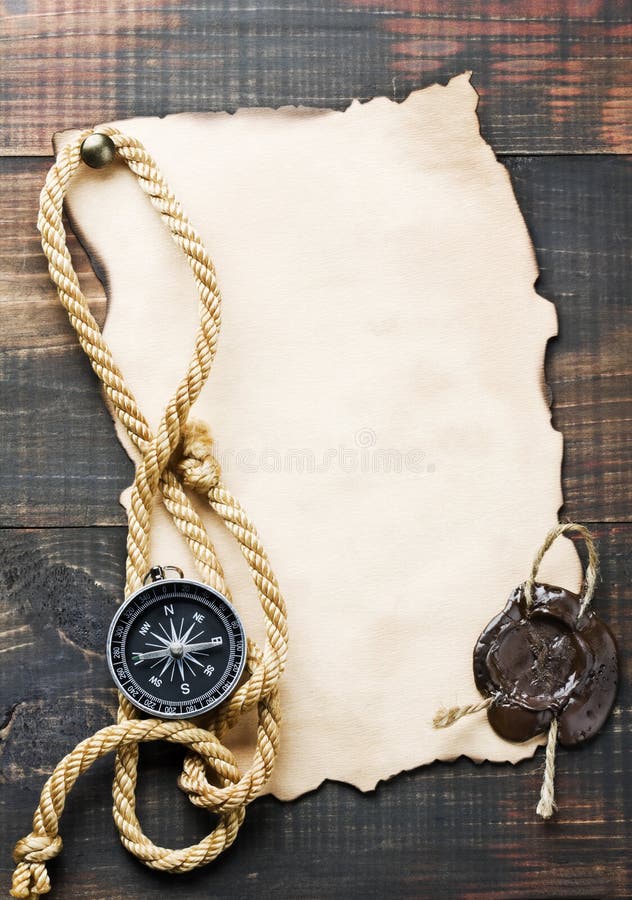 Compass Rope and Lamp on Old Paper Stock Image - Image of journey ...