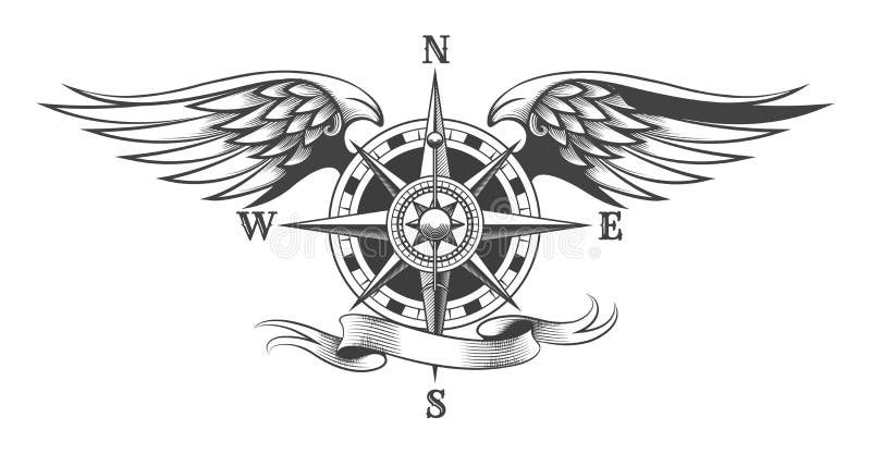 Compass with Wings and Banner Tattoo in Engraving Style Stock Vector ...