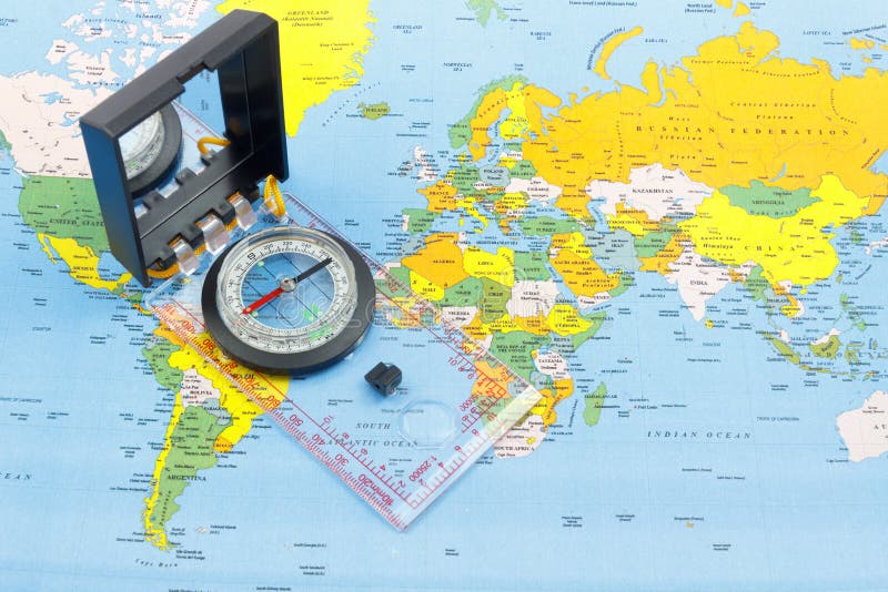 Compass and world map stock image. Image of adventure - 51432465
