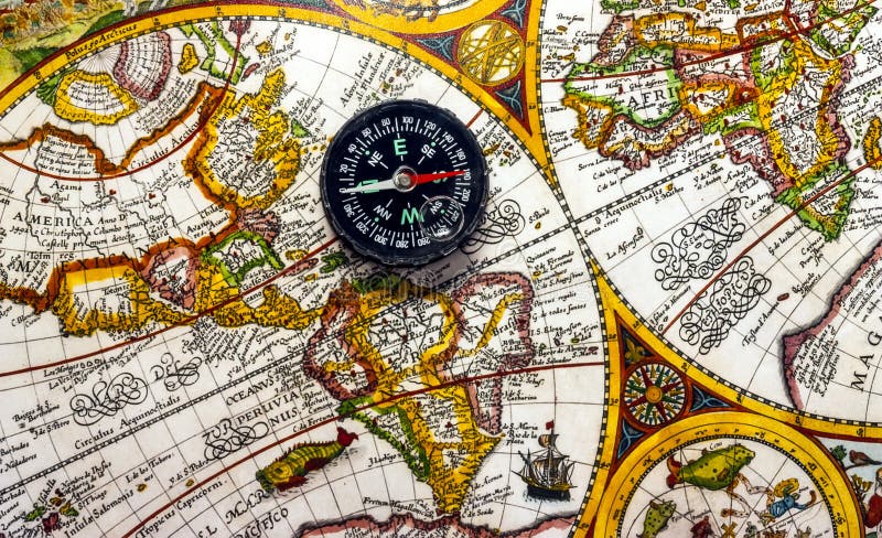 The compass and world map stock image. Image of science - 263018109