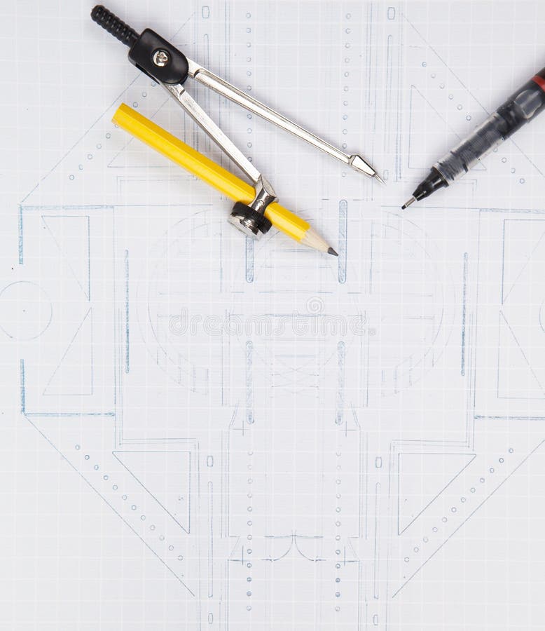 Compass and Writing Pen on Architect Plan Stock Image - Image of detail ...
