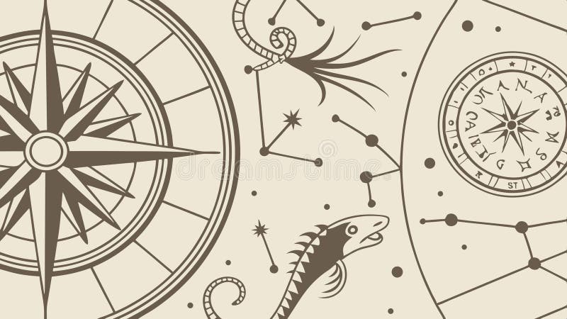 Compass and Zodiac Signs Illustration, Navigation Astrology Vector ...