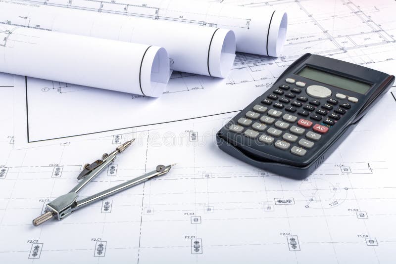 Compasses and Calculator on Plan Drawing Stock Image - Image of ...