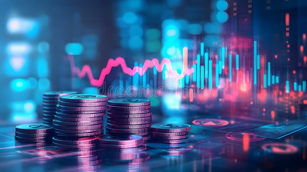 Stacks of Coins with Digital Financial Chart Background Stock ...