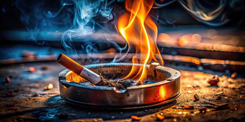 A Grimy Urban Exploration CloseUp of a Lit Cigarette in a Rusty Ashtray ...
