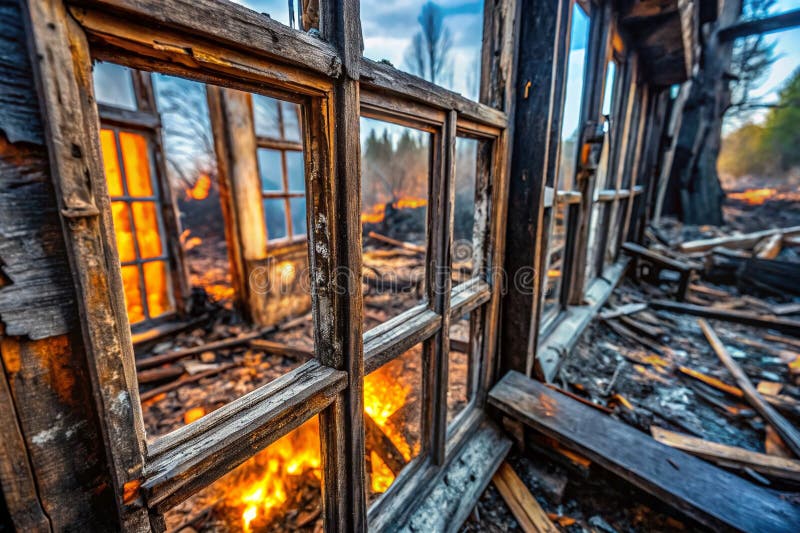Assessing Fire Damage a CloseUp of SootCovered Windows and Charred ...