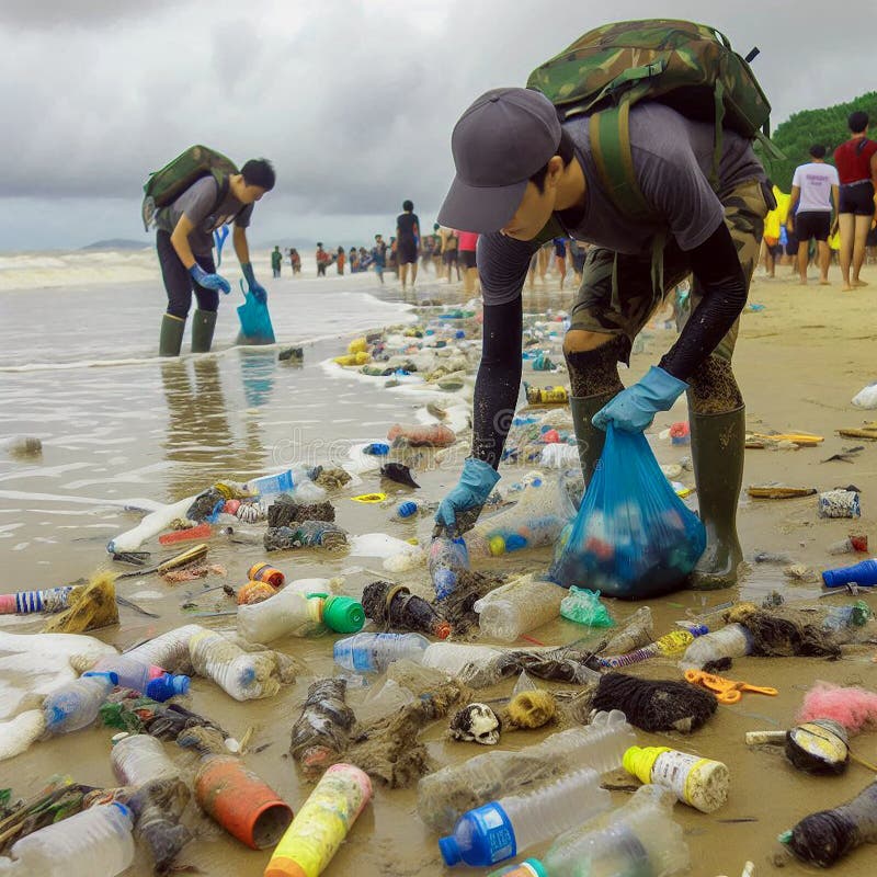 Beach Cleanup Effort,Volunteers Tackling Ocean Pollution. Stock ...