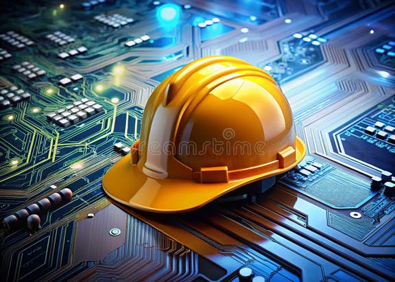 Ensuring Safety in Modern Industrial Electronics a Hard Hat Atop a Circuit Board Highlights the ...