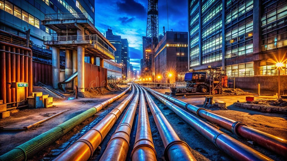 Underground Infrastructure Installation at Night Copper Gas Pipes and ...