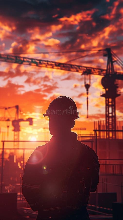 Engineer Silhouette at Construction Site during Sunset with Cranes and ...